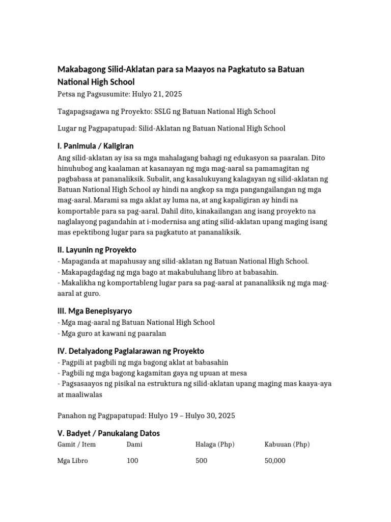 Makabagong Silid Aklatan Batuan NHS | PDF