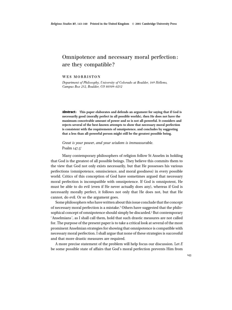 Wes Morriston 'Omnipotence and Necessary Moral Perfection Are They ...