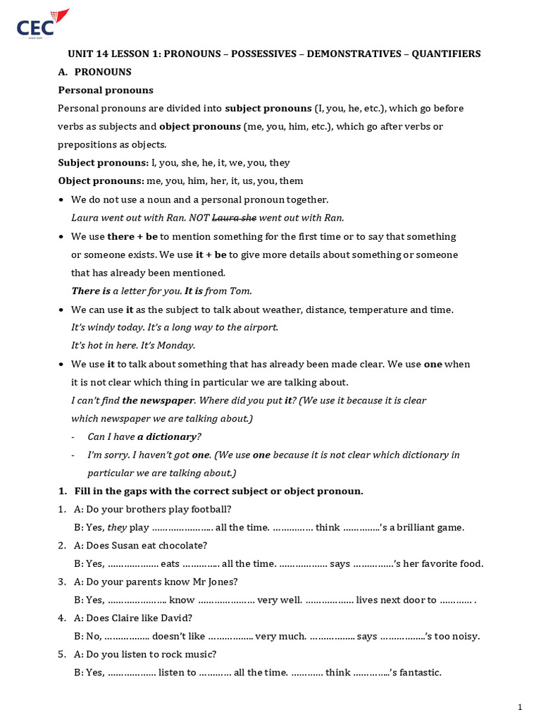 Unit 14 Lesson 1 - Pronouns - Possessives - Demonstratives - Quantifiers | PDF | Pronoun ...