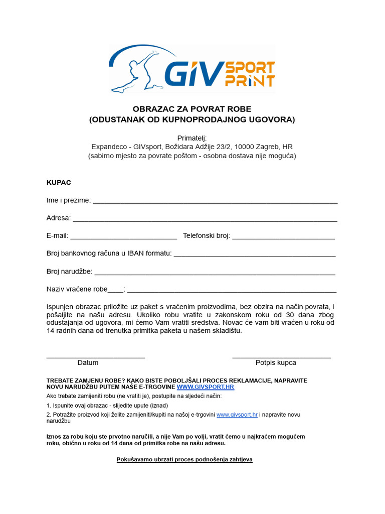 Obrazac Za Povrat Robe (Odustanak Od Kupnoprodajnog Ugovora) | PDF