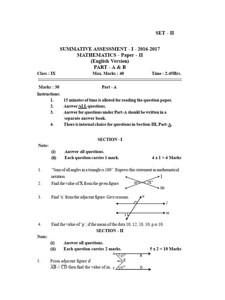 AP Class 9 SA1 Exam 2016 Question Paper - Maths Paper II (Eng Med) | PDF | Triangle | Perpendicular