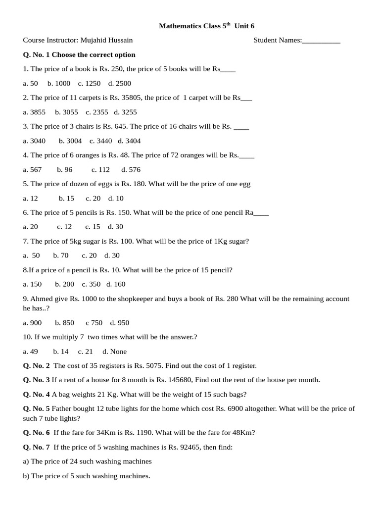 5th Grade Math Unit 6 Worksheets | PDF
