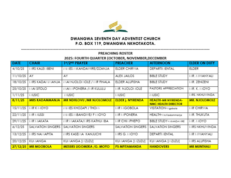 Dwangwa SDA Church Preaching Roster 2025 | PDF