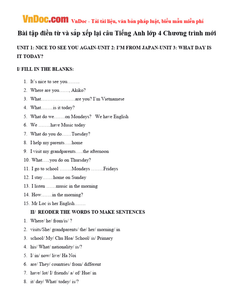 English Exercises for Grade 4 Students | PDF