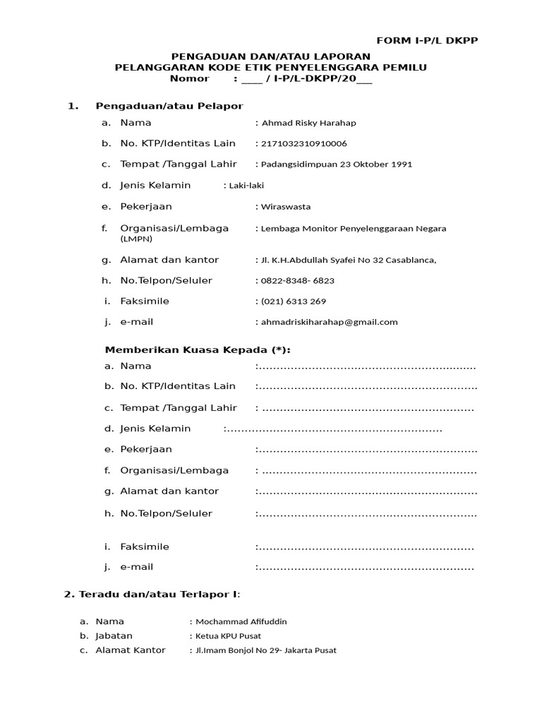 DKKP Kpu Nomor 18 Tahun 2023 PKB Form 1 | PDF