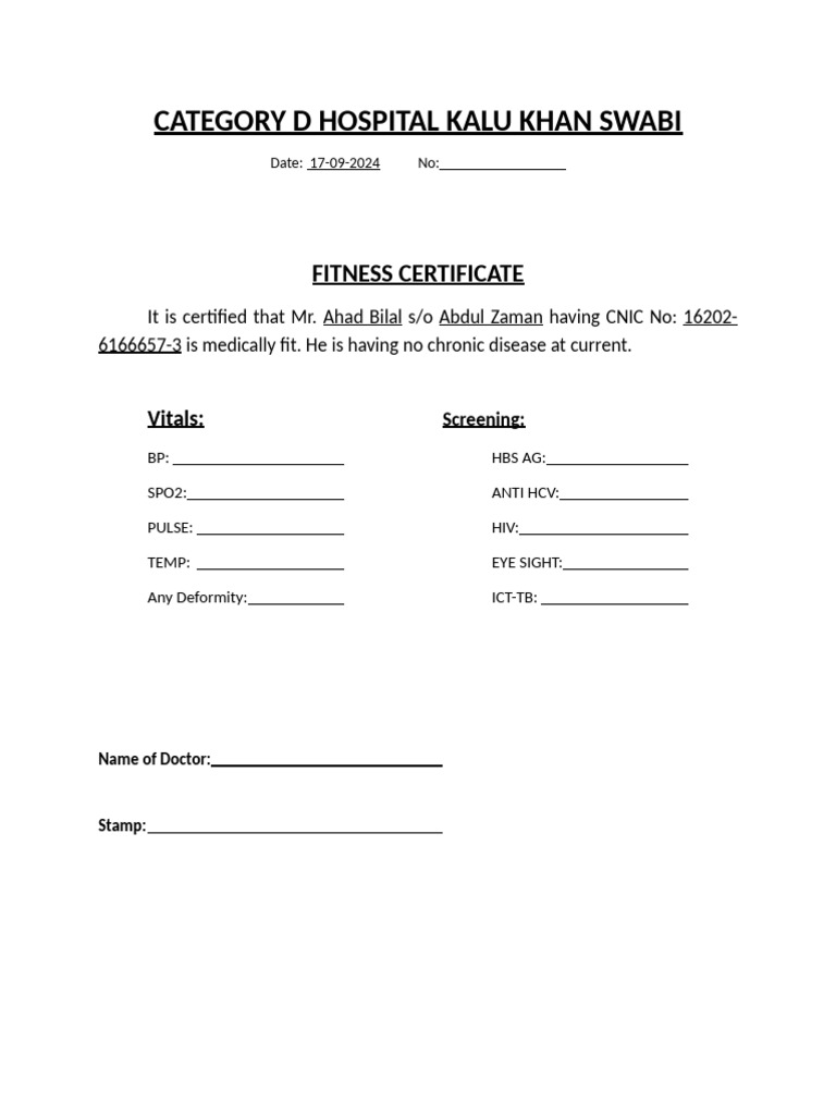 Medical Fitness Certificate for Mr. Ahad Bilal | PDF