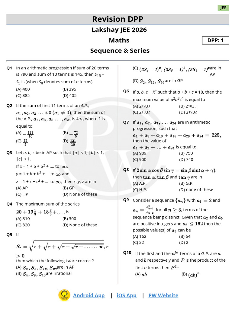 Sequence and Series - DPP 01 - Lakshya JEE 2026 | PDF | Mathematics | Mathematical Analysis