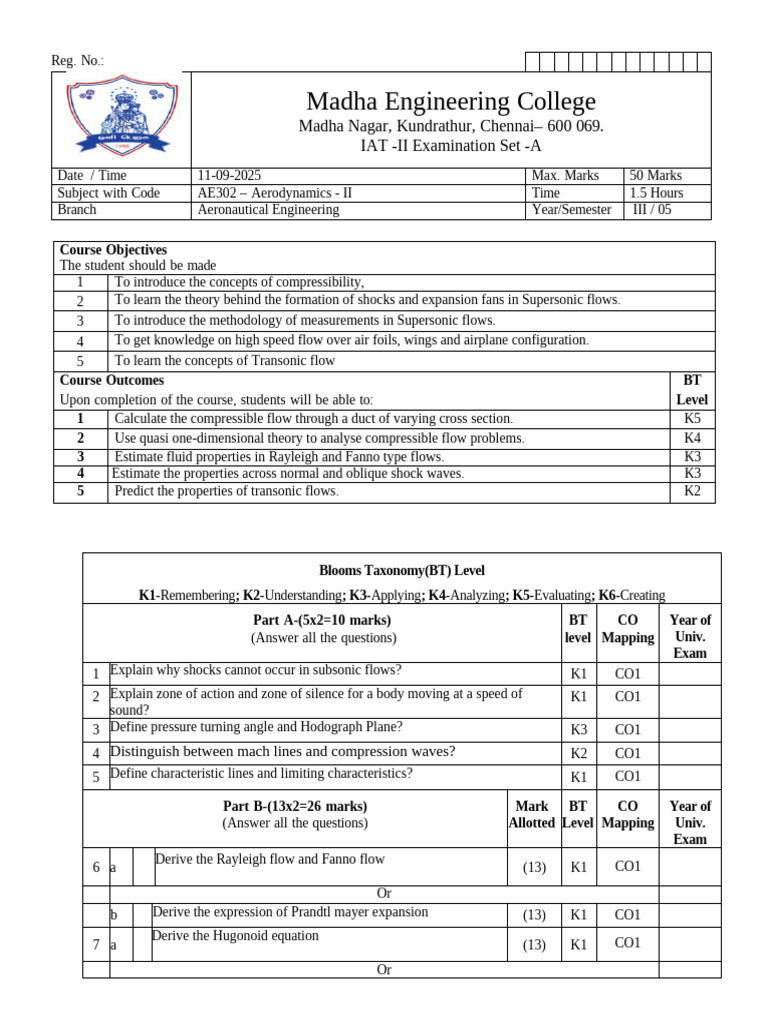 Iat-2 Question Paper Ad II | PDF | Compressible Flow | Shock Wave