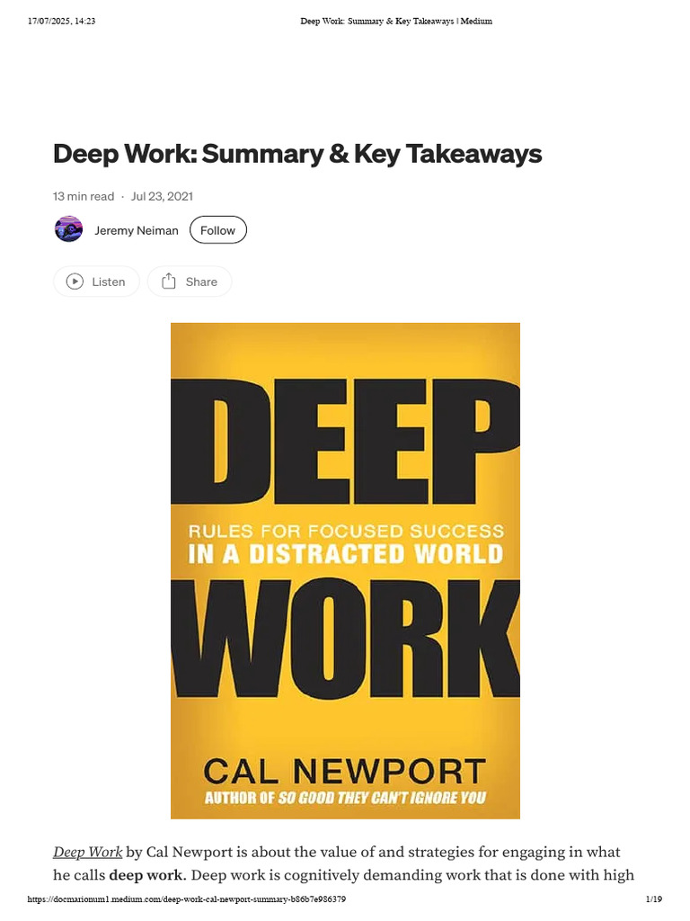 Deep Work - Summary & Key Takeaways - Medium | PDF | Flow (Psychology ...