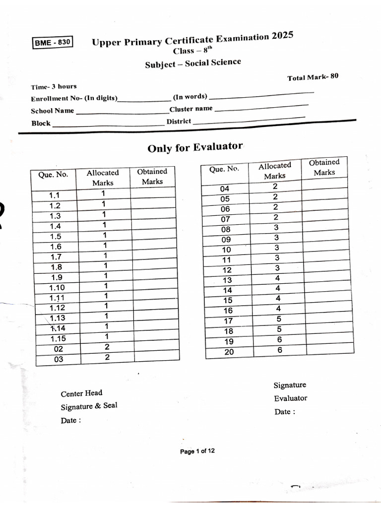 Class 8th SST Question Paper | PDF