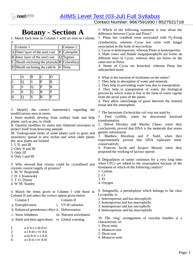 Botany Quiz Questions and Answers | PDF | Moss | Seed