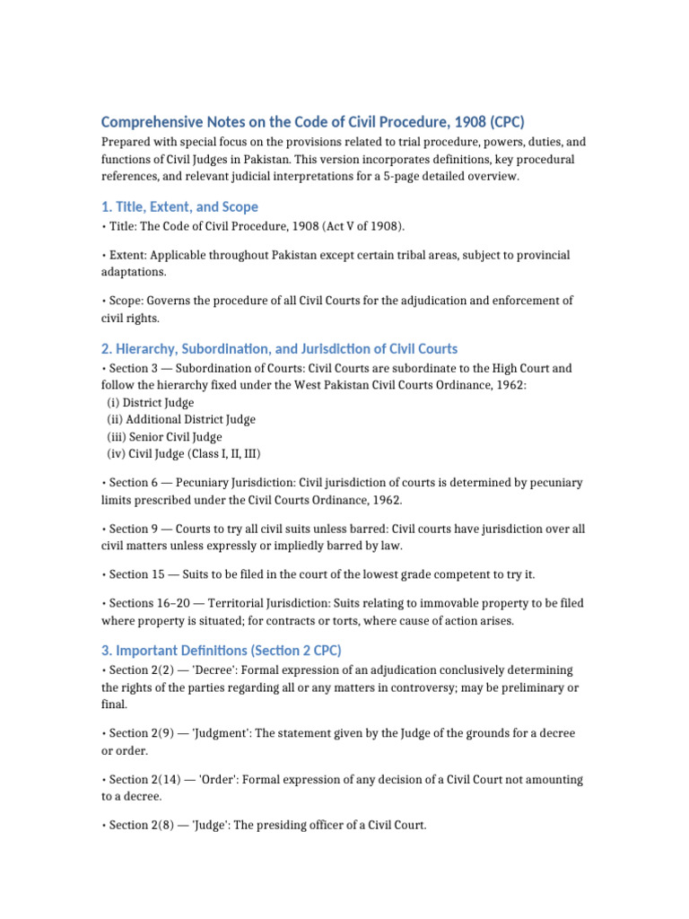 CPC 1908: Key Civil Procedure Notes | PDF | Lawsuit | Judgment (Law)