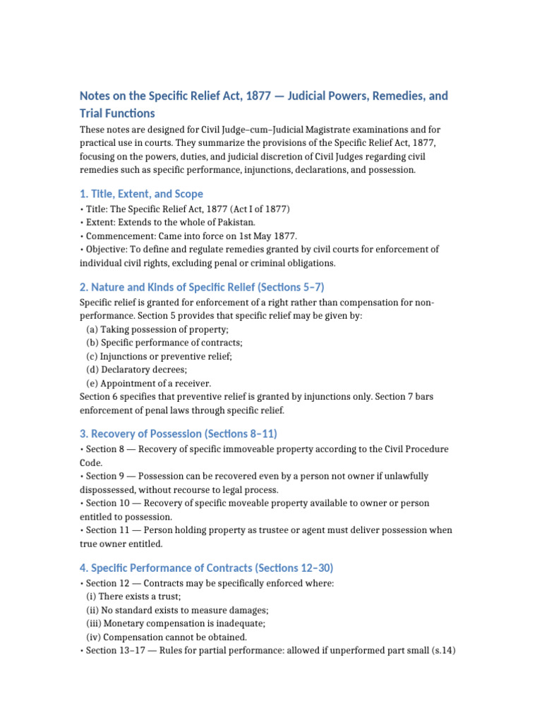 Specific Relief Act 1877: Judicial Powers & Remedies | PDF | Legal ...