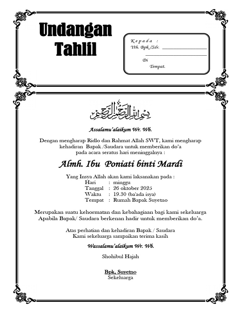 Undangan Tahlil 100 Hari | PDF