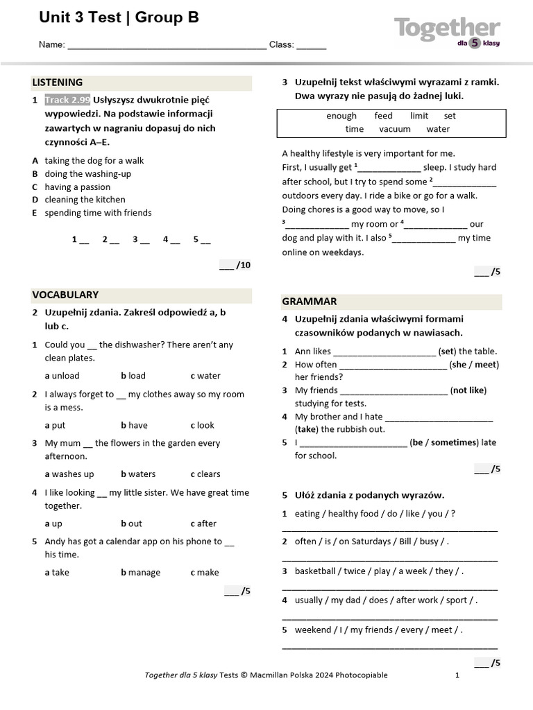 Unit 3 Test for Class 5 Students | PDF