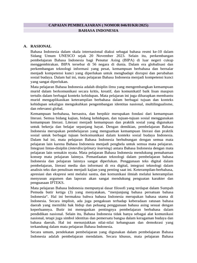CP 046 2025 Fase D - Bahasa Indonesia | PDF