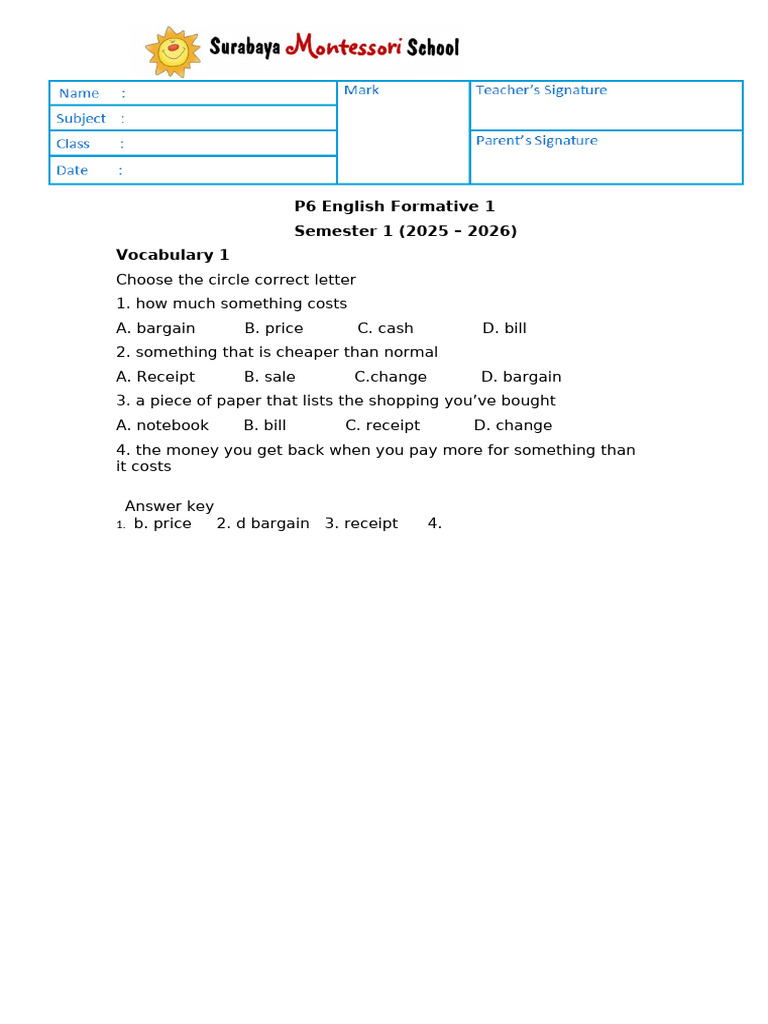P6 Unit 3 Formative Test 1 | PDF
