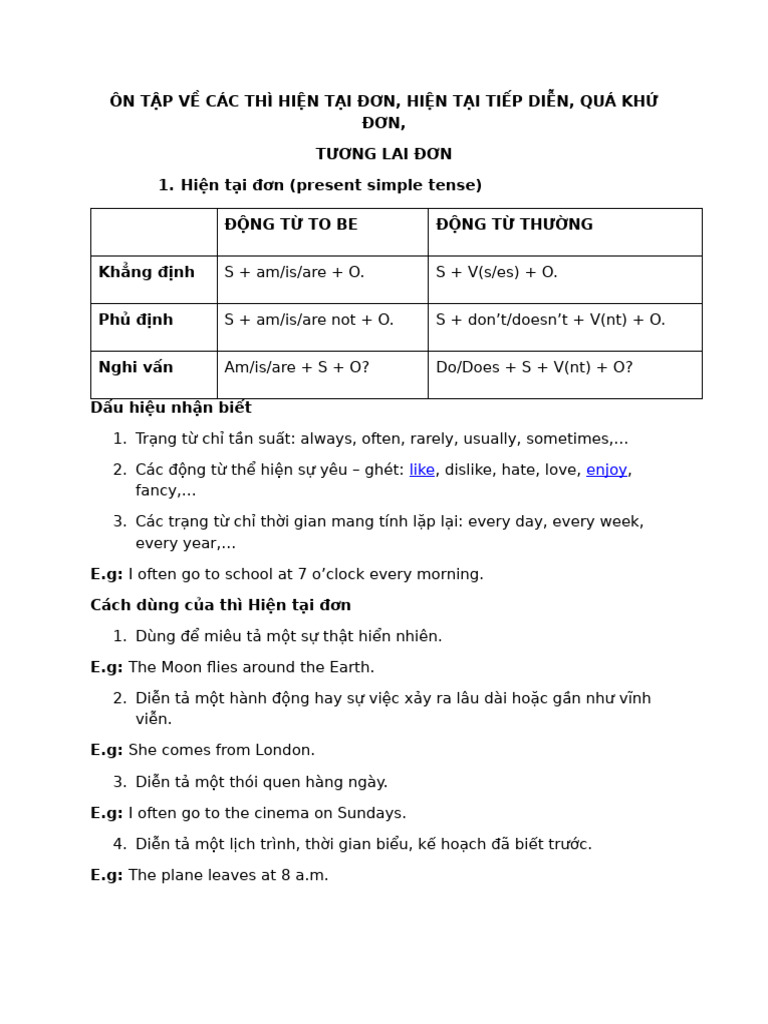 Ôn Tập Về Các Thì Htd, Httd, Qktd, Tld, Qkd | PDF