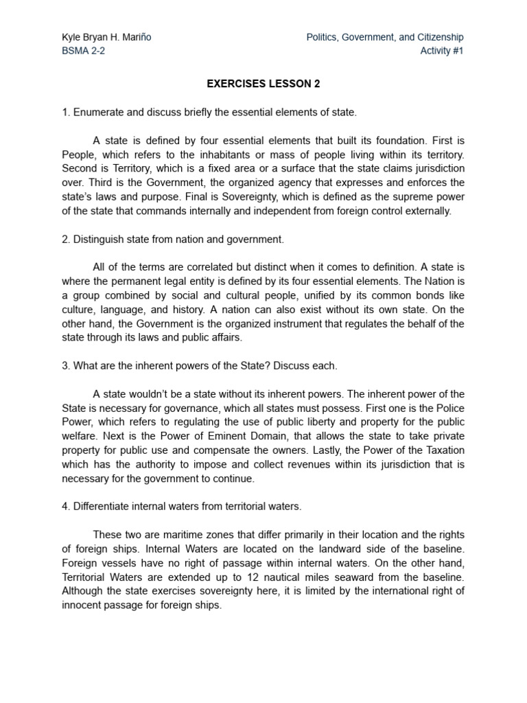 Lesson 2 Exercise | PDF | Territorial Waters | State (Polity)