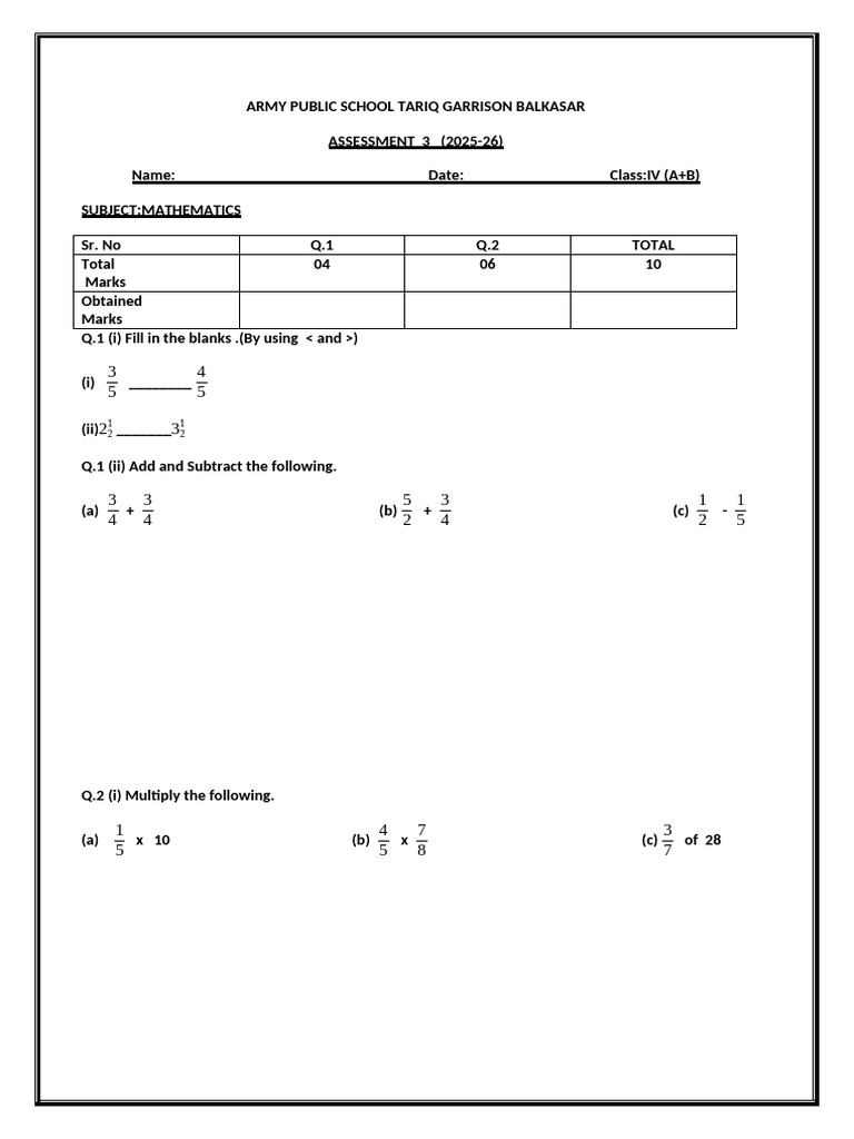 Class IV Mathematics Assessment 2025-26 | PDF
