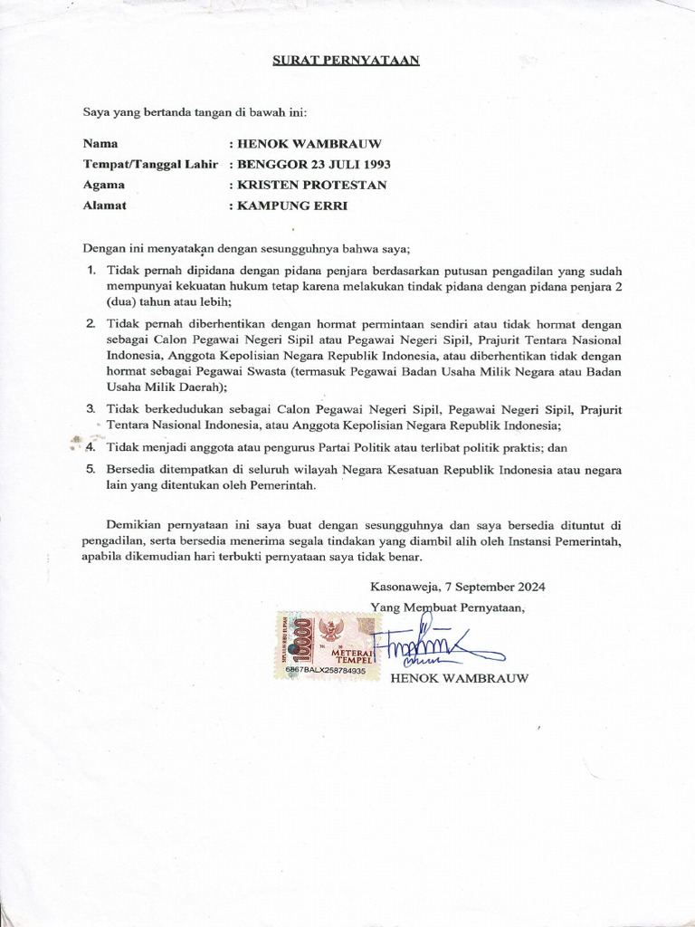 Surat Pernyataan Henok | PDF