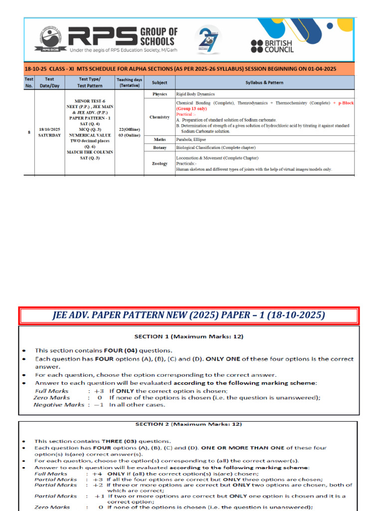 XI MINOR TEST - 6 18-10-2025 Schedule & Syllabus (JEE ADV. Pattern) | PDF