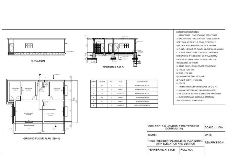 Single Storey Load Bearing Residential Building (2bhk) With Flat Roof ...