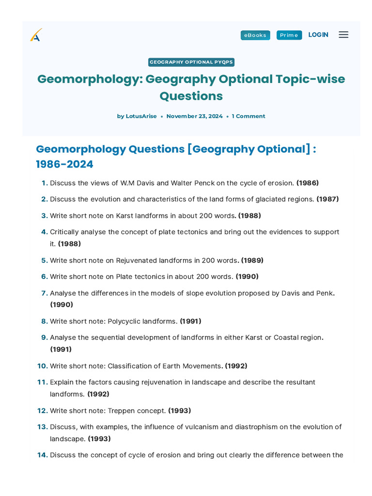 Lotusarise Com Geomorphology Geography Optional Topic Wise Questions ...