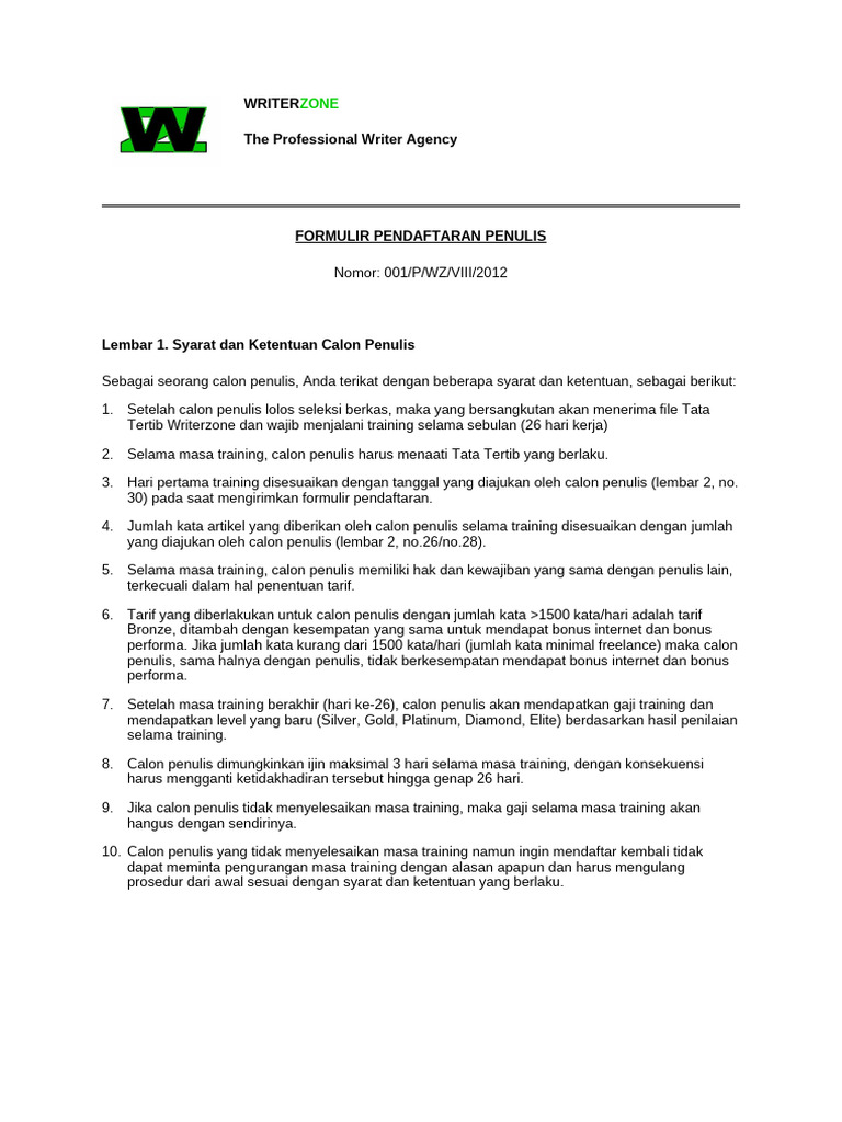 Formulir Pendaftaran Penulis Writerzone | PDF