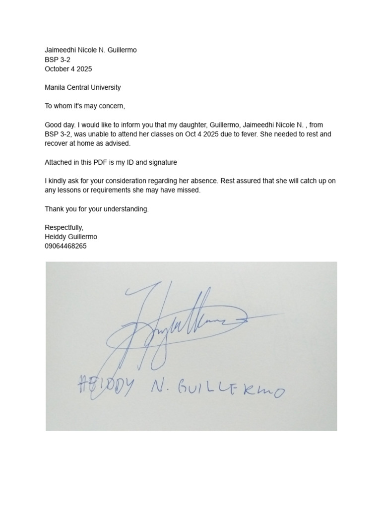Guillermo Excuse Letter | PDF