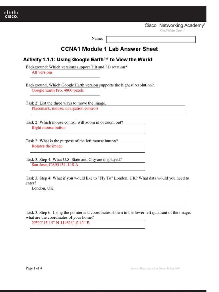 CCNA1 Module 1 Lab Answer Sheet | PDF | Wiki | Password