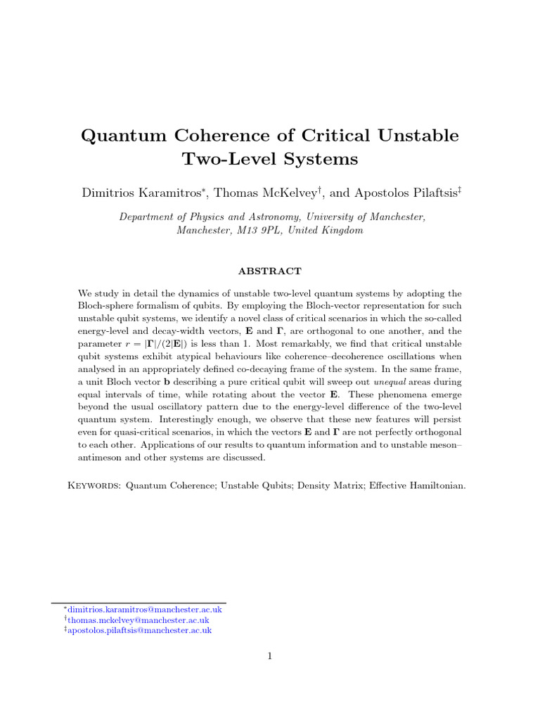 Quantum Coherence of Critical Unstable Two-Level Systems | PDF ...