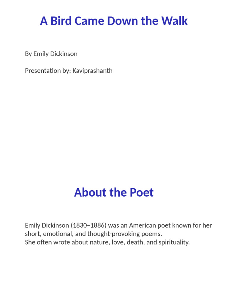 A Bird Came Down The Walk by Emily Dickinson | PDF