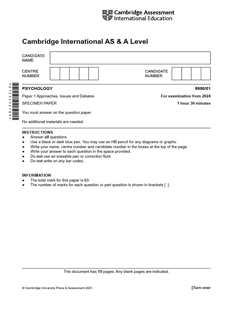Cambridge International As & A Level 9990 Psychology Specimen Paper 1 ...