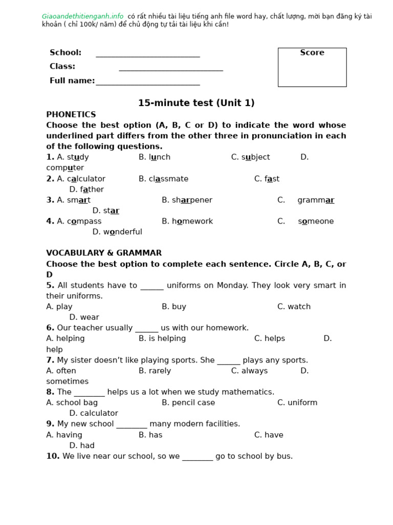 G6 15-Minute Test Unit 1 - Keys | PDF | Chess Theory | Chess