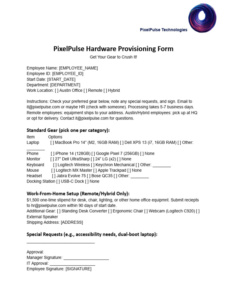 PixelPulse Hardware Provisioning Form | PDF