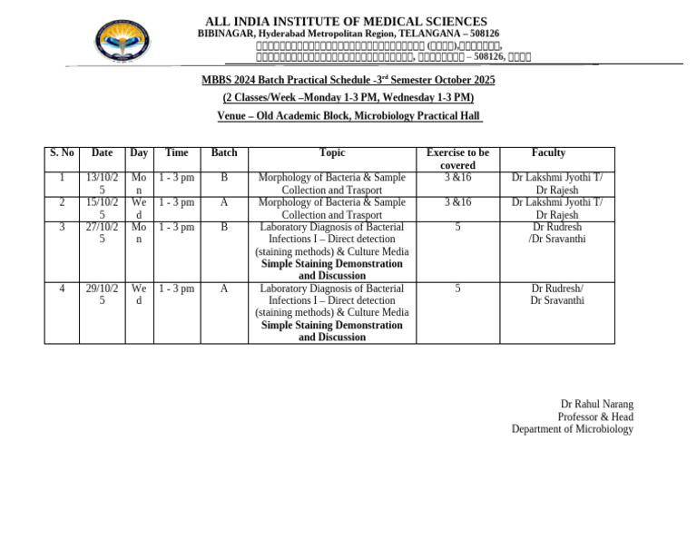 Revised MBBS 2024 Batch October Practical Schedule | PDF | Bacteria ...