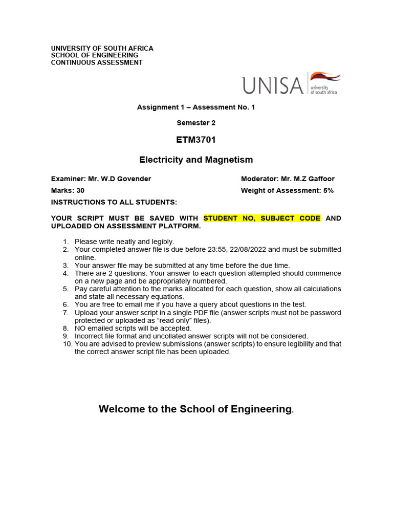 UNISA ETM3701 Electricity Assignment 1 | PDF