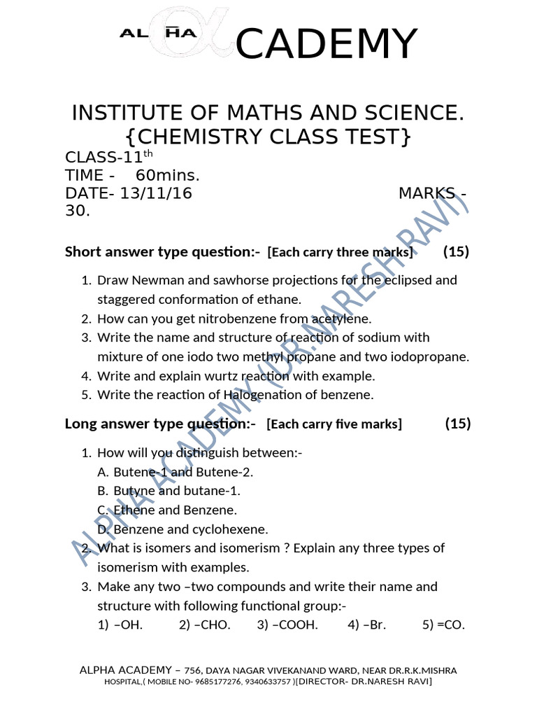 Class 11 & 12 Chemistry Test Papers | PDF | Lithium | Chemical Substances