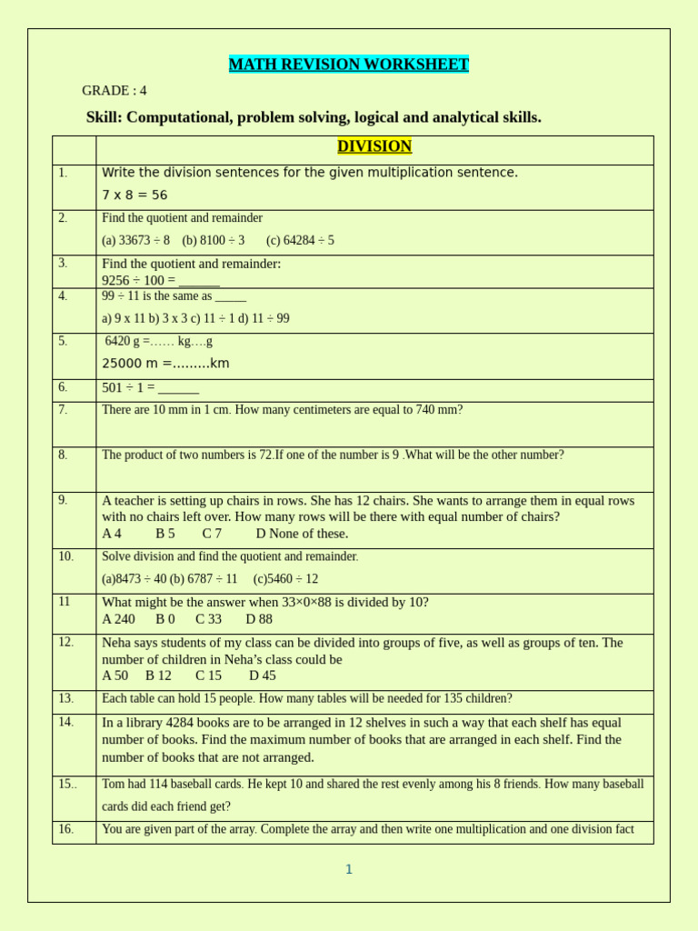 G - 4 Math Revision Worksheet 2025 | PDF