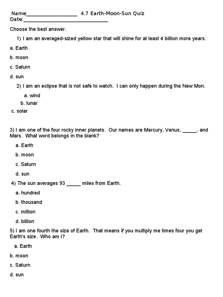 Earth Moon Sun Quiz | PDF | Moon | Eclipse