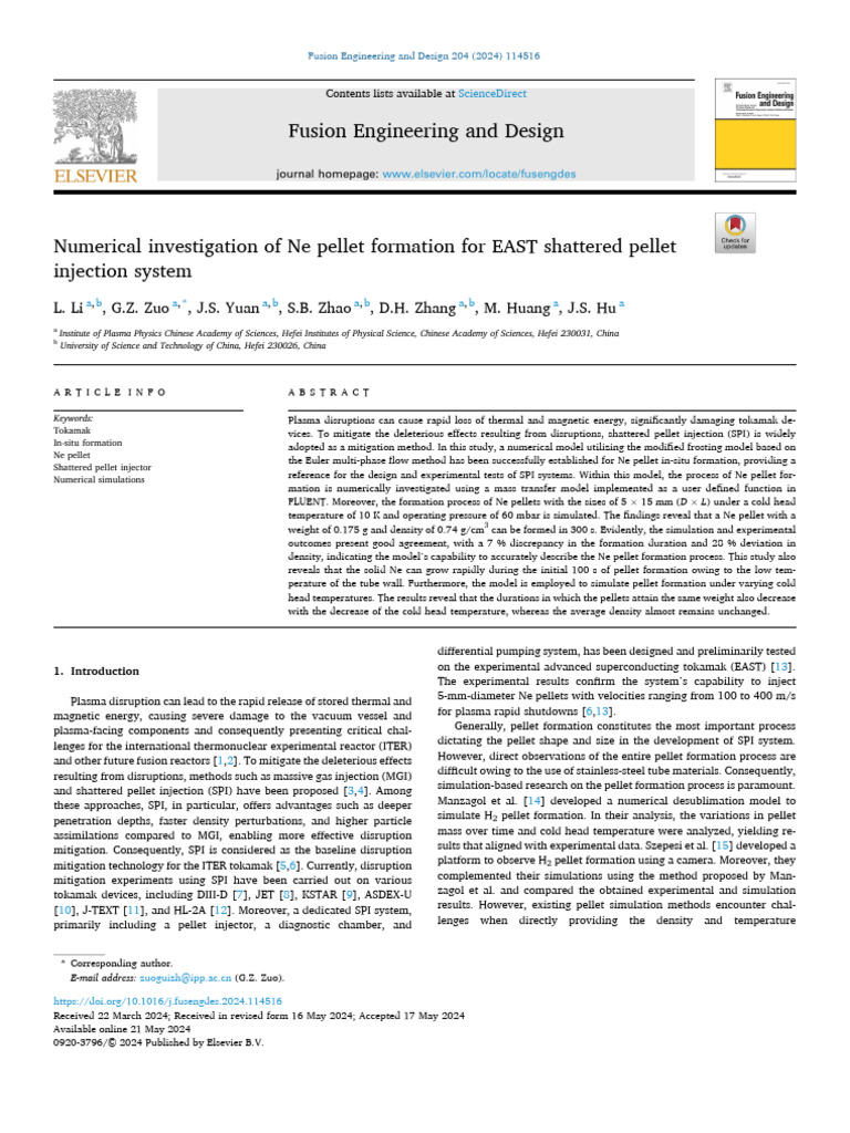 Numerical Investigation of Ne Pellet Formation For EAST Shattered ...