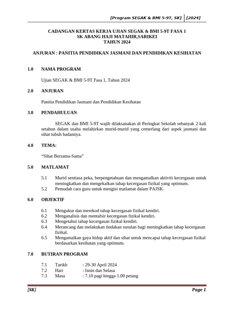Kertas Kerja Bmi 5 9t Segak 2024 | PDF