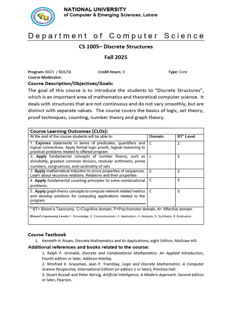 Course Outline (F2025) - Discrete Structures | PDF | Discrete Mathematics | Mathematical Logic