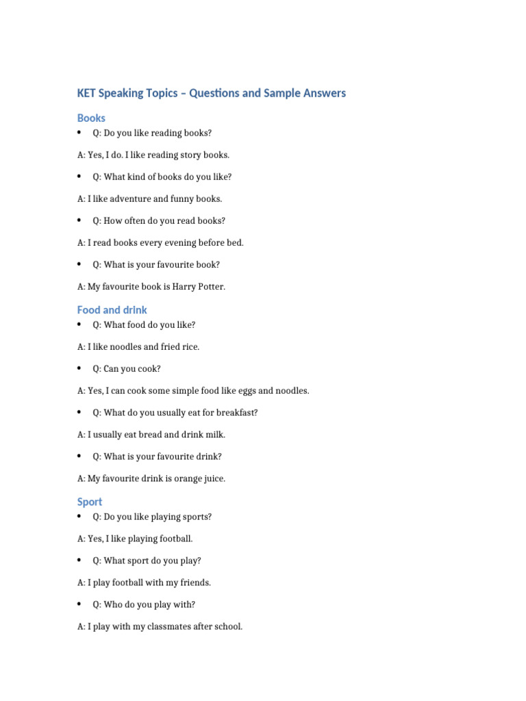 KET Speaking Questions and Answers | PDF