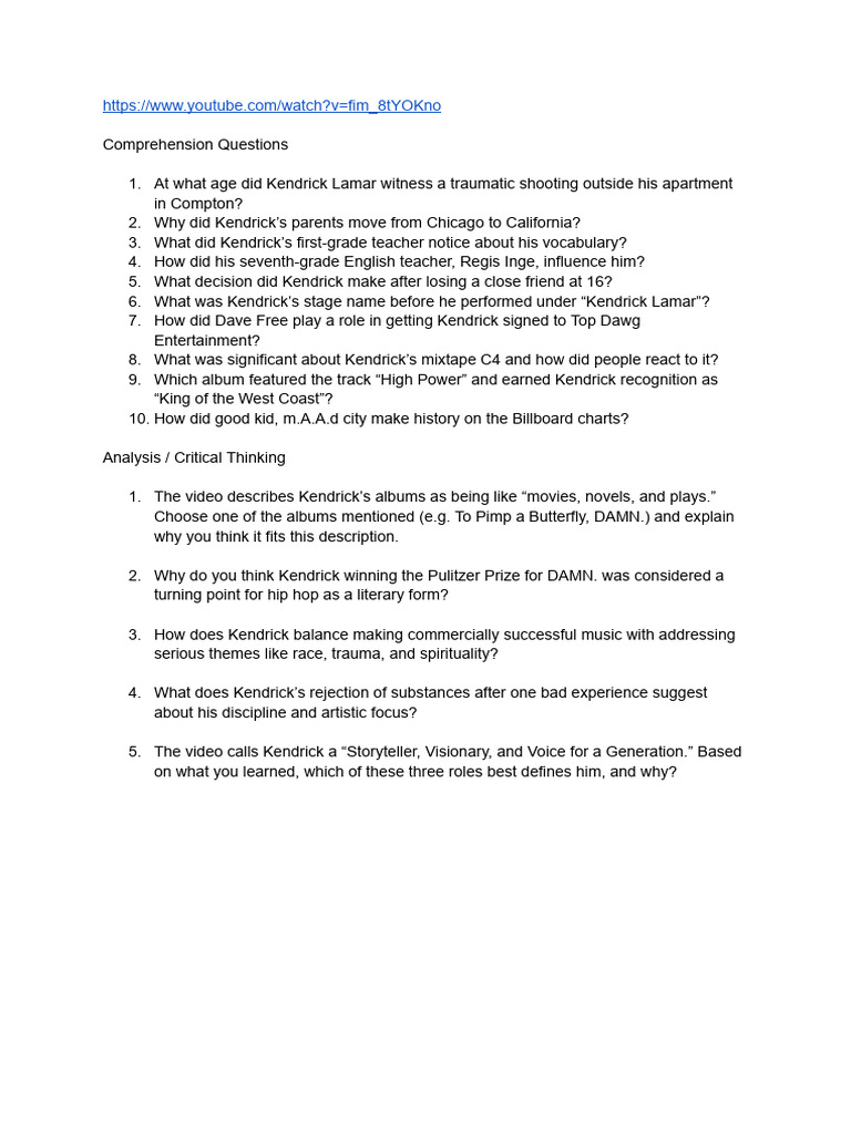 Kendick Lamar Bio and Questions | PDF