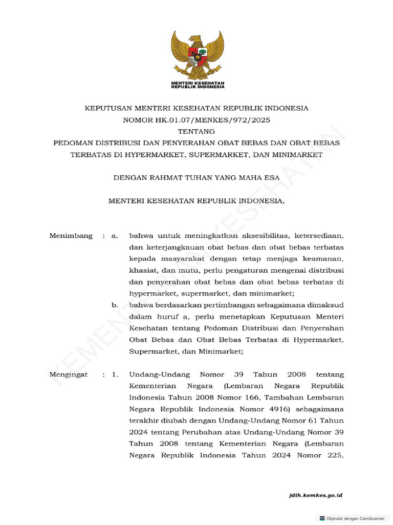 KMK No. HK.01.07-MENKES-972-2025 TTG Pedoman Distribusi Dan Penyerahan Obat Bebas Dan Obat Bebas ...