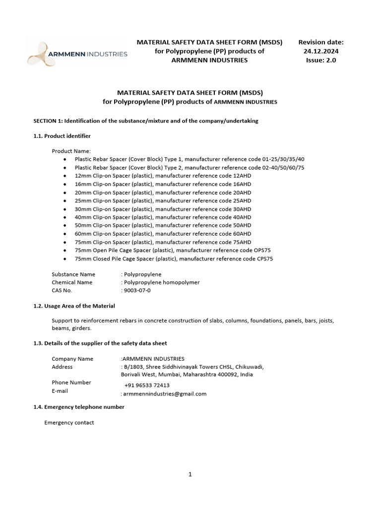 MSDS for Polypropylene Products | PDF | Chemical Substances ...
