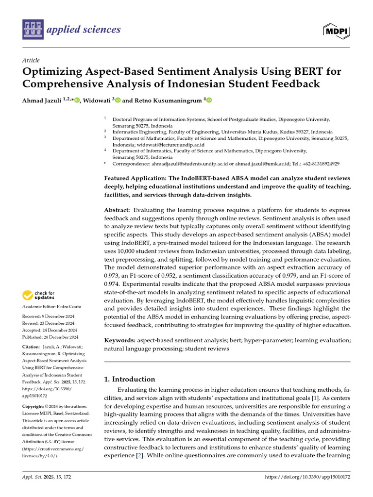 Optimizing Aspect-Based Sentiment Analysis Using BERT For Comprehensive Analysis of Indonesian ...