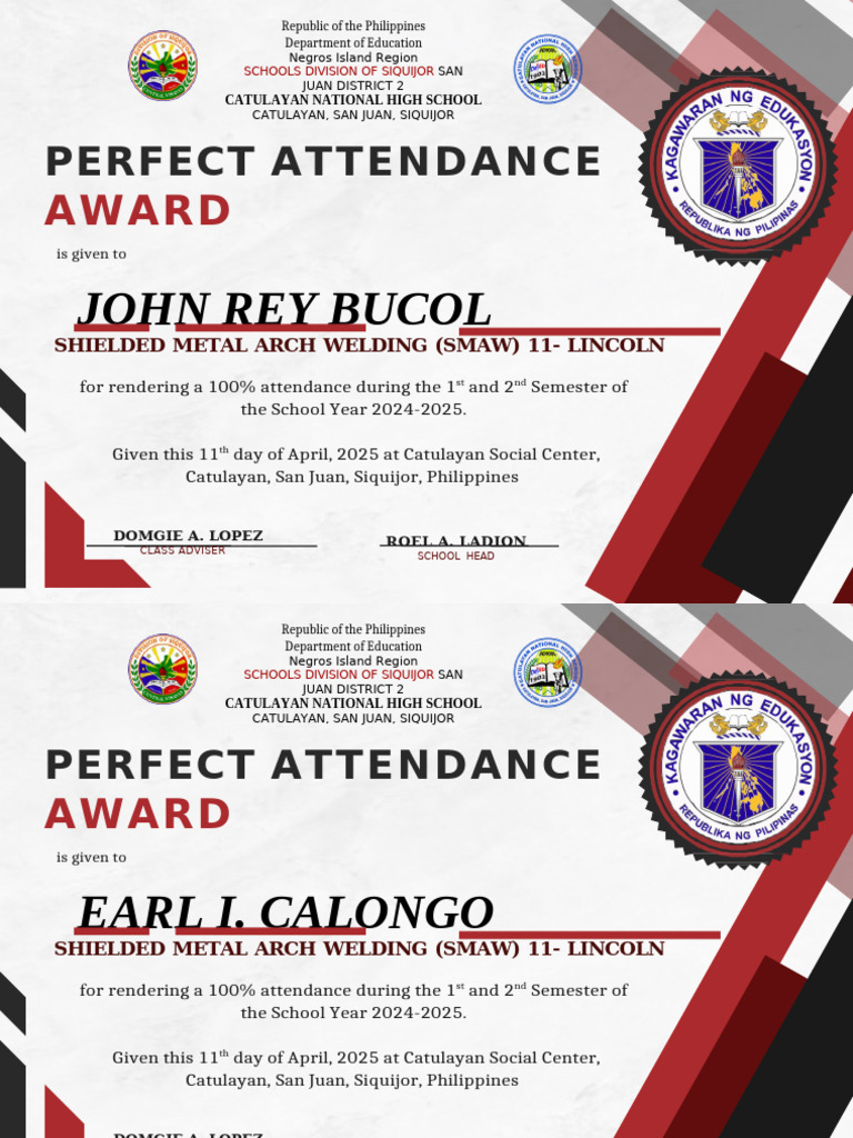 ATTENDANCE CERT - Perfect Attendance Award | PDF | Electrical ...